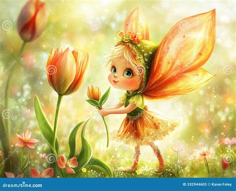 Cartoon Pixie In Tulip Garden Stock Illustration Illustration Of Magical Tulip 332944603