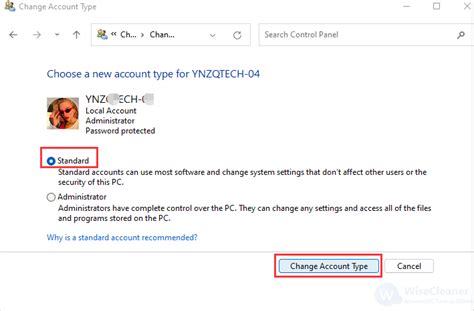 How To Change Primary User Account Type Into Standard