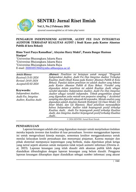 Pdf Pengaruh Independensi Auditor Audit Fee Dan Integritas Auditor Terhadap Kualitas Audit