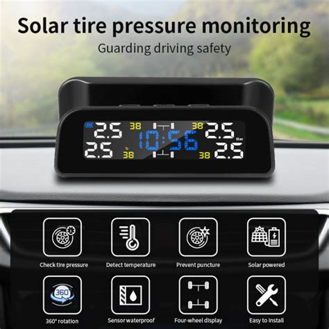 Solar Car Tpms 360 Rotation Tire Pressure Monitoring System Lcd Display Digital Clock Tyre