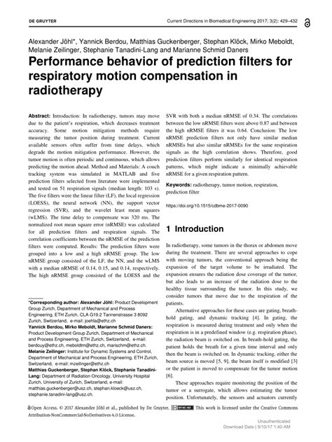 PDF Performance Behavior Of Prediction Filters For Respiratory Motion Compensation In Radiotherapy