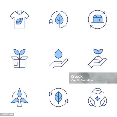 생태학 아이콘 세트입니다 라인 이중톤 스타일 편집 가능한 스트로크 녹색 물류 지속 가능성 재활용 식물 풍력 에너지 에너지 절약 티셔츠 주택 환경 보호 0명에 대한 스톡 벡터