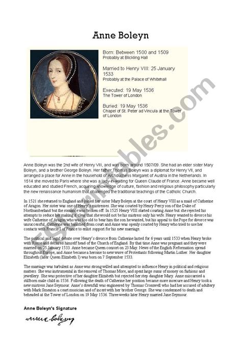 Anne Boleyn Esl Worksheet By Jackbowron