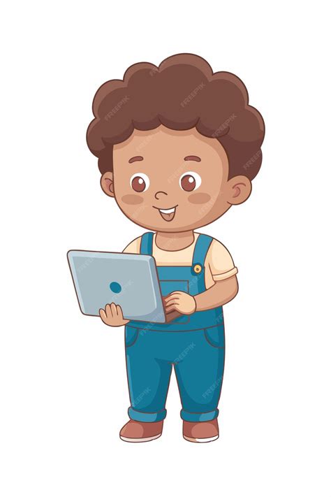 Illustration Of Black Boy Using A Computer Minimalist Vector Premium