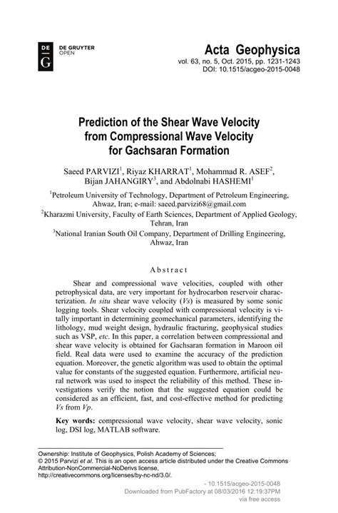 Pdf Prediction Of The Shear Wave Velocity From Compressional Wave