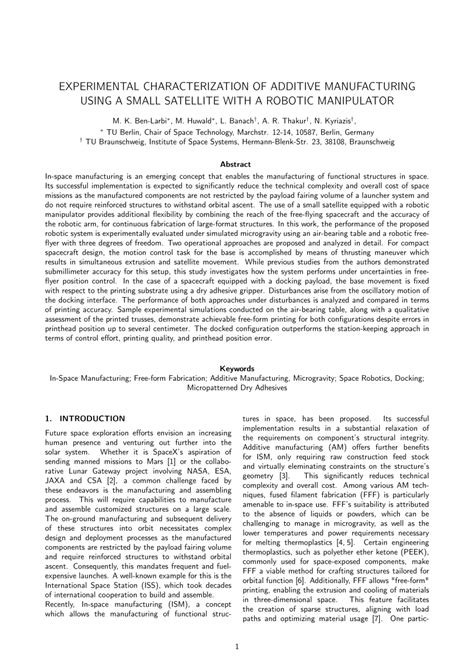 Pdf Experimental Characterization Of Additive Manufacturing Using A Small Satellite With A