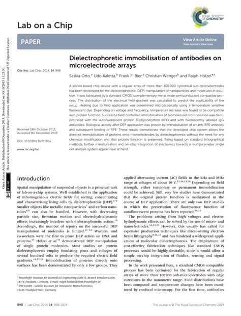 Pdf Dielectrophoretic Immobilisation Of Antibodies On Microelectrode Arrays