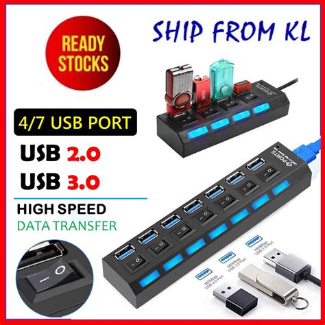 ReadyStock In USB Hub 3 0 2 0 4 7 Ports Splitter High Speed USB Hub Adapter With On Off