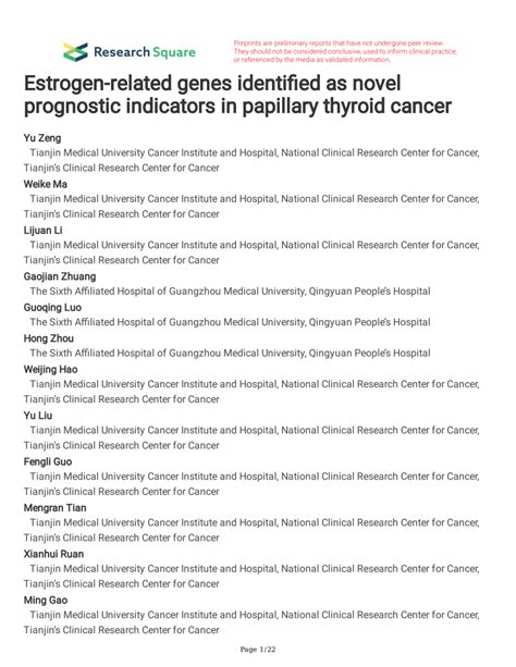 Pdf Estrogen Related Genes Identified As Novel Prognostic Indicators In Papillary Thyroid Cancer