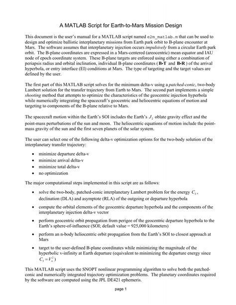 A Matlab Script For Earth To Mars Mission Design Orbital And