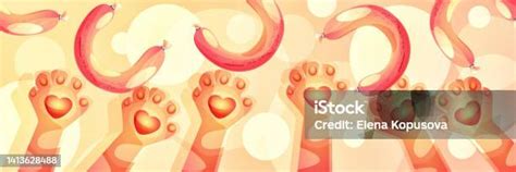 만화 스타일의 새해와 크리스마스 축하 개념 다채로운 추상적 인 배경에 소시지가있는 새끼 고양이의 발 2023년에 대한 스톡 벡터 아트 및 기타 이미지 Istock