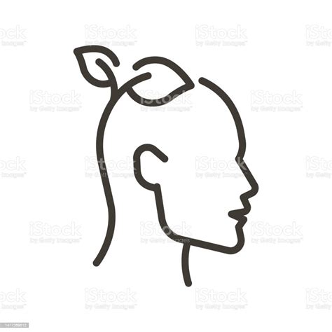 벡터 얇은 선 아이콘 개요 선형 스트로크 그림이 나뭇잎을 가진 인간의 머리입니다 친환경적이고 지속 가능한 라이프 스타일과 환경 친화적 인 생각 Mental Wellbeing