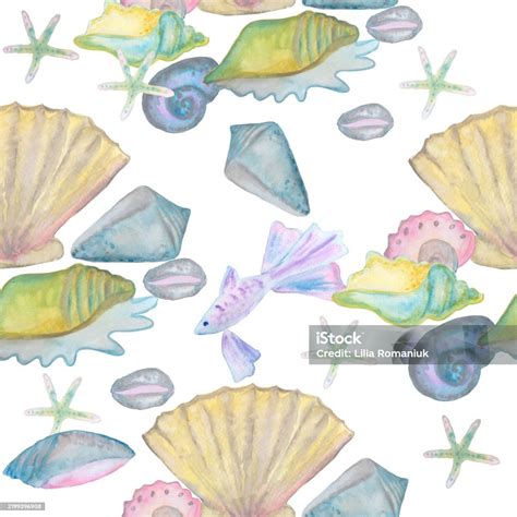 다양한 조개 불가사리와 수족관 물고기 완벽 한 패턴은 흰색 배경 수채화 일러스트 베이스에 고립되어 섬유 디자인 스티커 카드 배너를 제공합니다 Unmanned