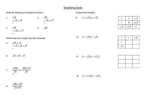 Myp5s 1242 Simplifying Surds Worksheet Na Pdf