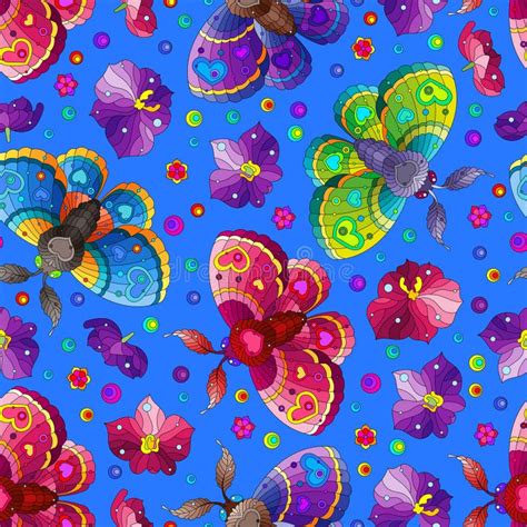 A Seamless Pattern With Bright Moths And Orchid Flowers On A Blue