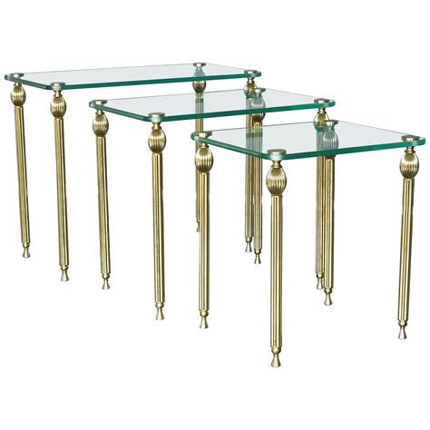 Set Of Three Brass And Antique Glass Nesting Tables At 1stdibs