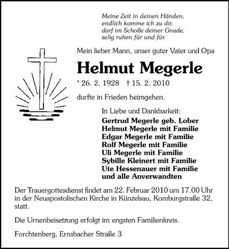Traueranzeigen Von Helmut Megerle Trauerundgedenkende