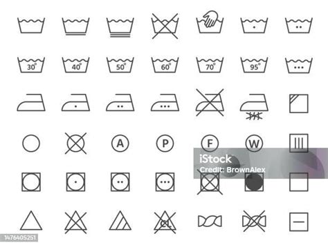 옷 직물세탁 라벨 사용 라인 아이콘 손 씻기 건조 온도 및 다림질 섬유 청소 심볼 벡터 세트 상징에 대한 스톡 벡터 아트 및 기타 이미지 Istock