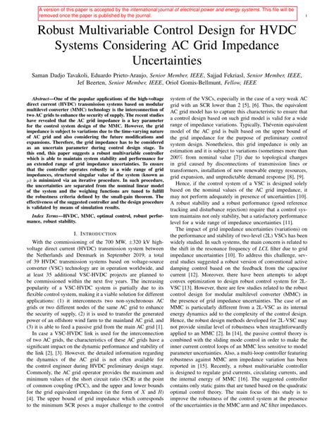 Pdf Robust Multivariable Control Design For Hvdc Systems Considering Ac Grid Impedance