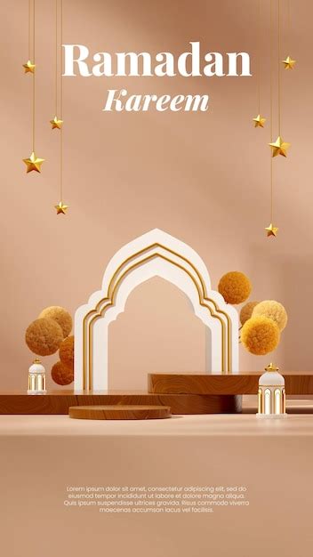 Шаблон макет подиум под дерево в портрете цветок мимозы звезды и лампа рамадан рендеринг 3d