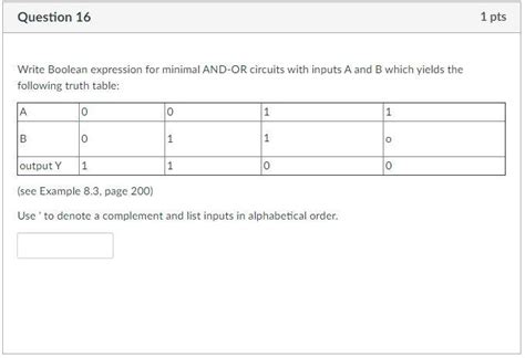 solved question 16 1 pts write boolean expression for