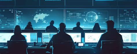 Group Of People Working In A Hightech Control Room With Multiple Screens Displaying Global Data