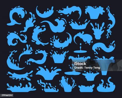 물이 튀는 실루엣 만화 액체 물방울 흐름 및 파도 블랙 아쿠아 스플래시 플랫 벡터 일러스트 레이 션 세트 워터 스플래쉬 실루엣