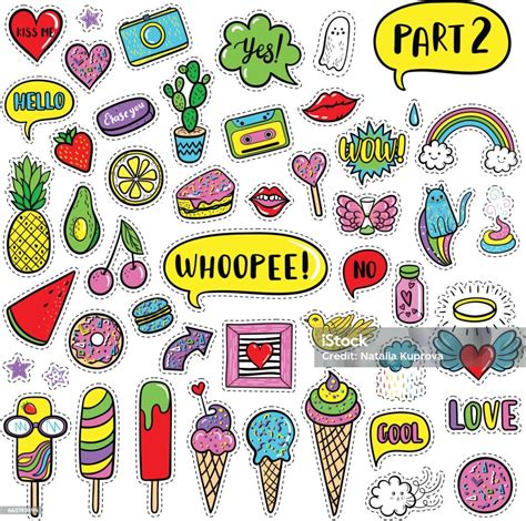손으로 그린 패션 패치 벡터 아이스크림 선인장 수 박 카메라 레인 보우 고양이 운 입술 마음 연설 거품 8090 년대 만화