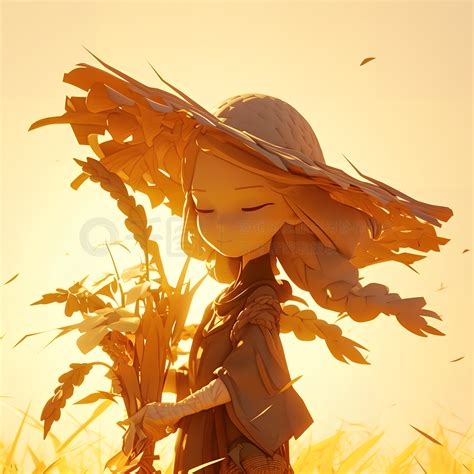 草帽ai数字艺术 3d戴草帽的女孩拿着一束麦苗在麦田泥塑人物立体插画 Ai立体元素免费下载png格式2784像素编号70589456 千图网