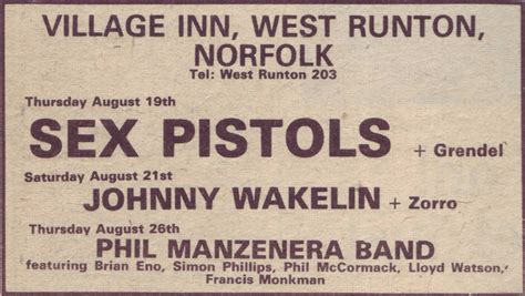 Sex 19th August 1976 Sexpistols Played At The Village Inn West Runton Norfolk Supported
