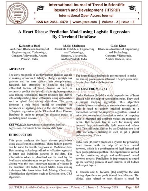 A Heart Disease Prediction Model Using Logistic Regression By Cleveland Database Pdf