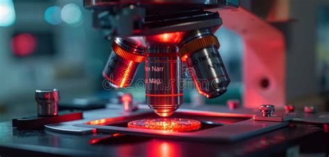 Close Up Of A Microscope Lens Focusing On A Sample Under Bright Red Light Stock Image Image Of