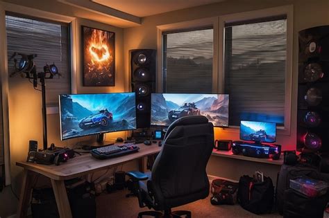Premium Ai Image Futuristic Gaming Room With Computers And Monitors 3d Rendering Of A Computer