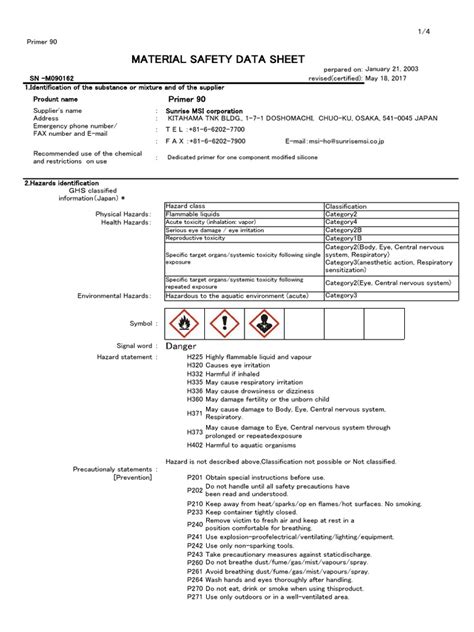 Safety Data Sheet For Primer 90 A Highly Flammable Mixture Containing