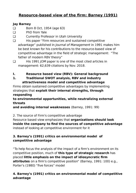 Resource Based View Of The Firm Barney 1991 Resource Based View Of The Firm Barney 1991