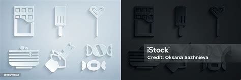 Bitten 초콜릿 바 롤리팝 팬케이크 스택 사탕 아이스크림 및 초콜릿 아이콘을 설정합니다 벡터 3차원 형태에 대한 스톡 벡터