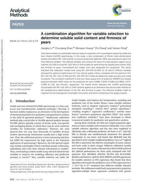 pdf a combination algorithm for variable selection to determine