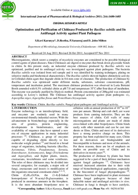 Pdf Optimization And Purification Of Chitinase Produced By Bacillus Subtilis And Its