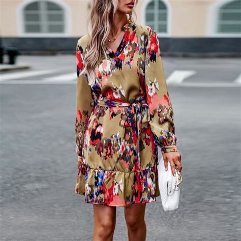 Womens Elegant Long Sleeve Printed Casual Dress