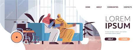 친절한 간호사 또는 자원 봉사자 지원 아랍 노인 여성 홈 케어 서비스 의료 및 사회적 지원 간호 개념 홈 인테리어 수평 전체 길이 복사 공간 벡터 일러스트 레이 션