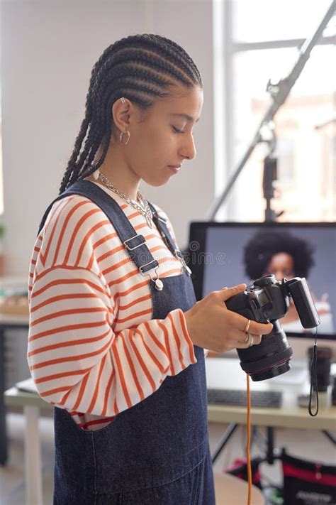Gen Z Young Woman As Photographer Side View Stock Image Image Of Talent Device 332842469