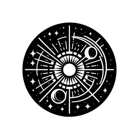 Black And White Celestial Emblem Starry Constellations Crescent Moons Radiating From A Central
