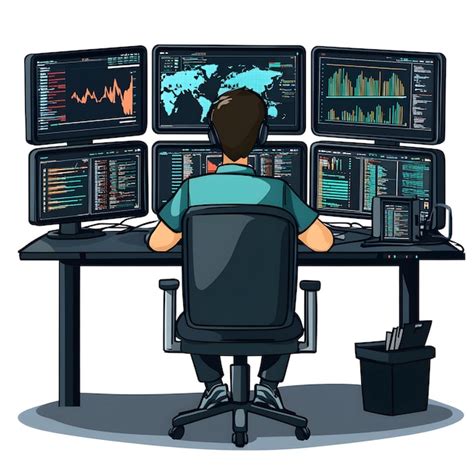 Analyst Monitoring Multiple Screens With Global Data And Graphs In A Hightech Security