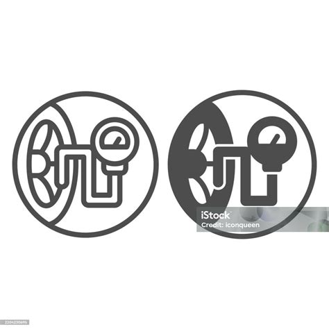 자동차 타이어 공기압 게이지 라인과 솔리드 아이콘 타이어 피팅 개념 벡터 그래픽입니다 압력 센서 도구 및 자동차 휠 기호는 흰색 배경 모바일 또는 웹 디자인을위한 개요