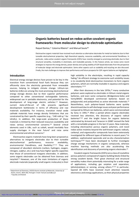 Pdf Organic Batteries Based On Redox Active Covalent Organic Frameworks From Molecular Design