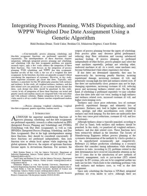 Integrating Process Planning Wms Dispatching And Wppw Weighted Due Date