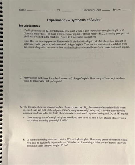 Solved Name Ta Laboratory Date Section Experiment