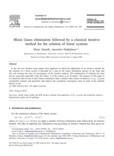 pdf block gauss elimination followed by a classical iterative method