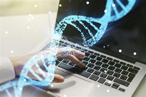 Premium Photo Creative Dna Sketch And Hands Typing On Computer Keyboard On Background