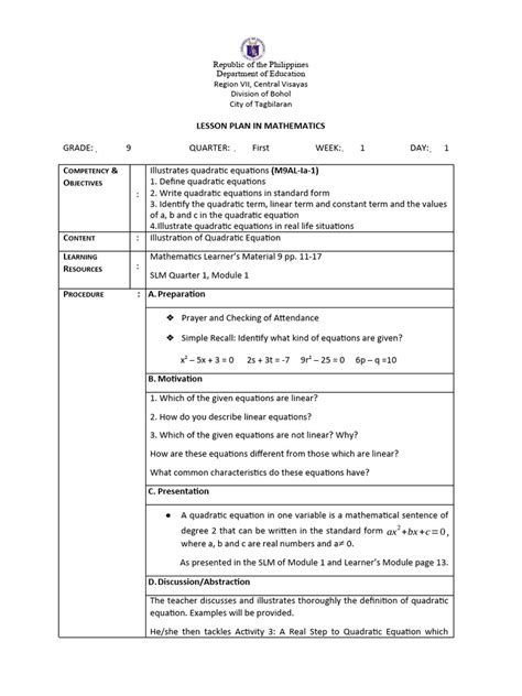 Wk1 Day 1 4 Prototype Lesson Plan In Math 9 Pdf Equations Square Root